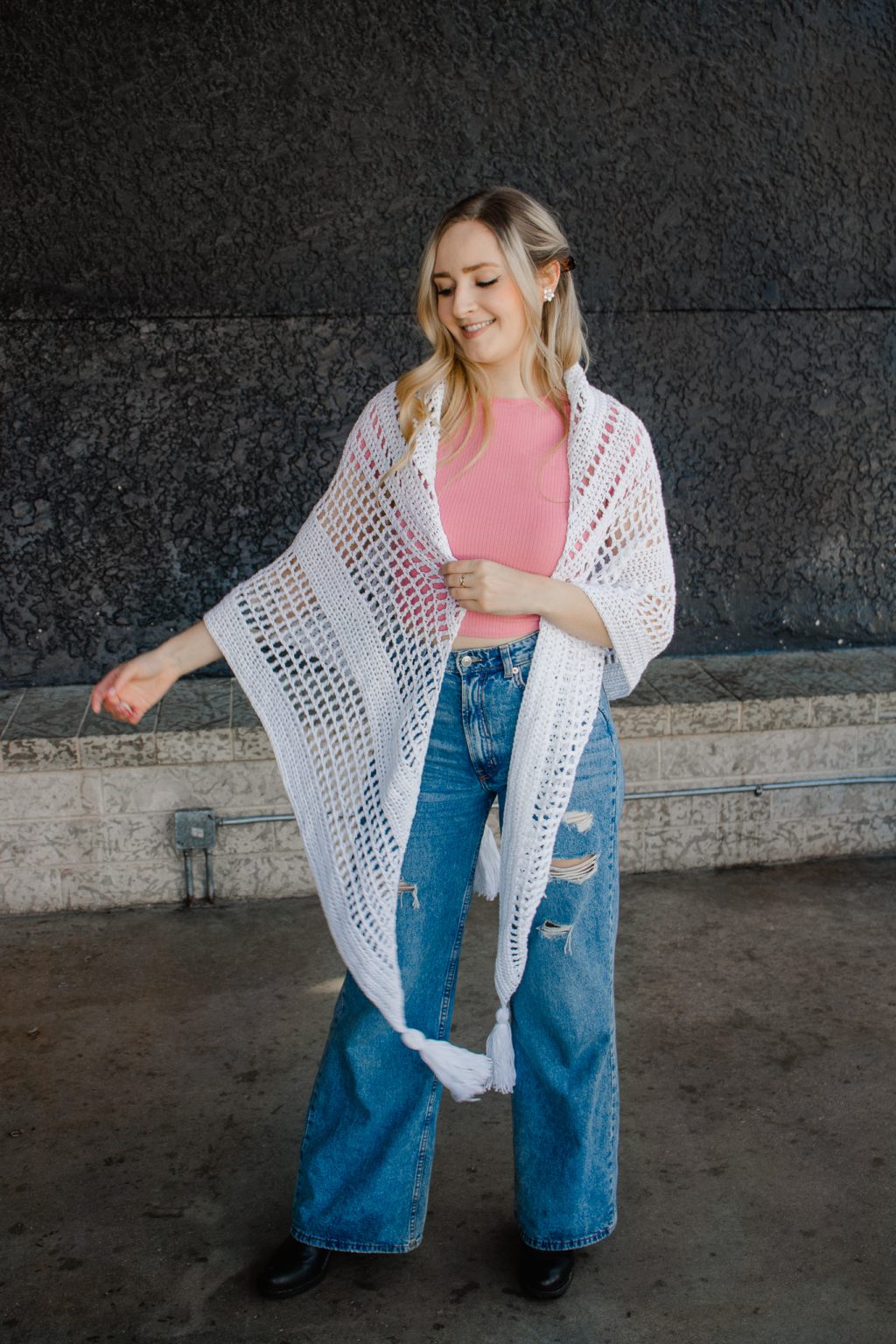 Tilstone Triangle Wrap – Lacy Boho Summer Wrap with Eyelets and Tassels ...