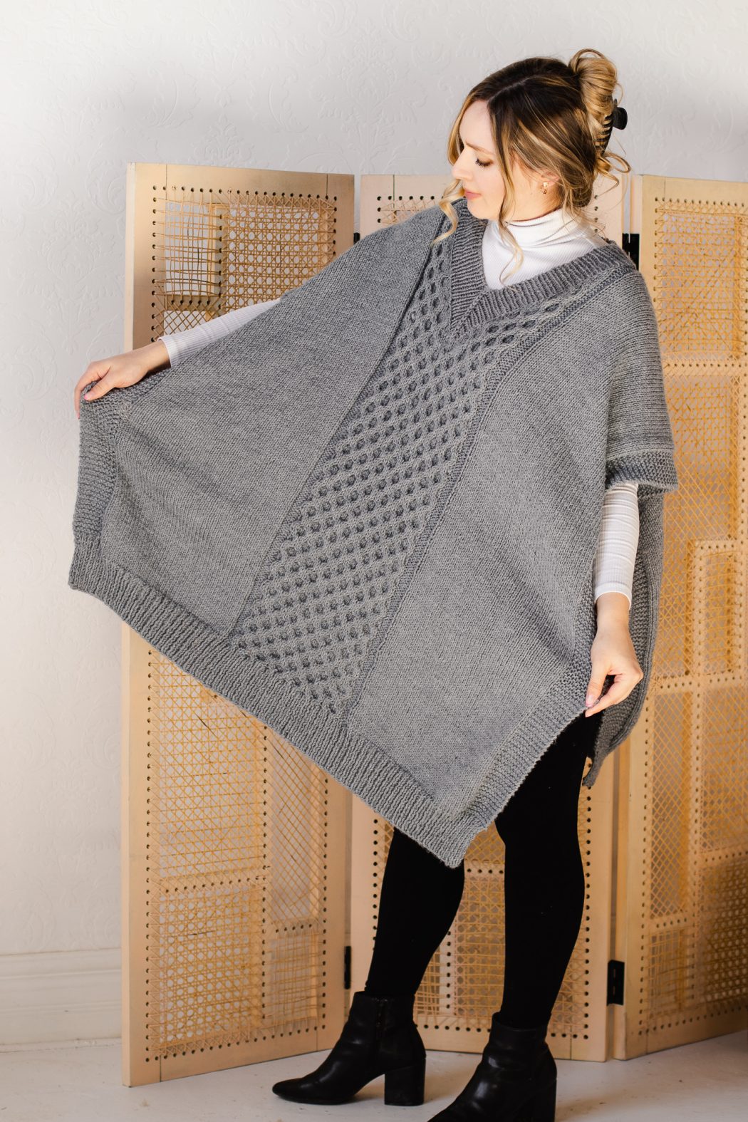 Quail Ridge Poncho – Knitting Pattern for V-Neck Poncho with Honeycomb ...