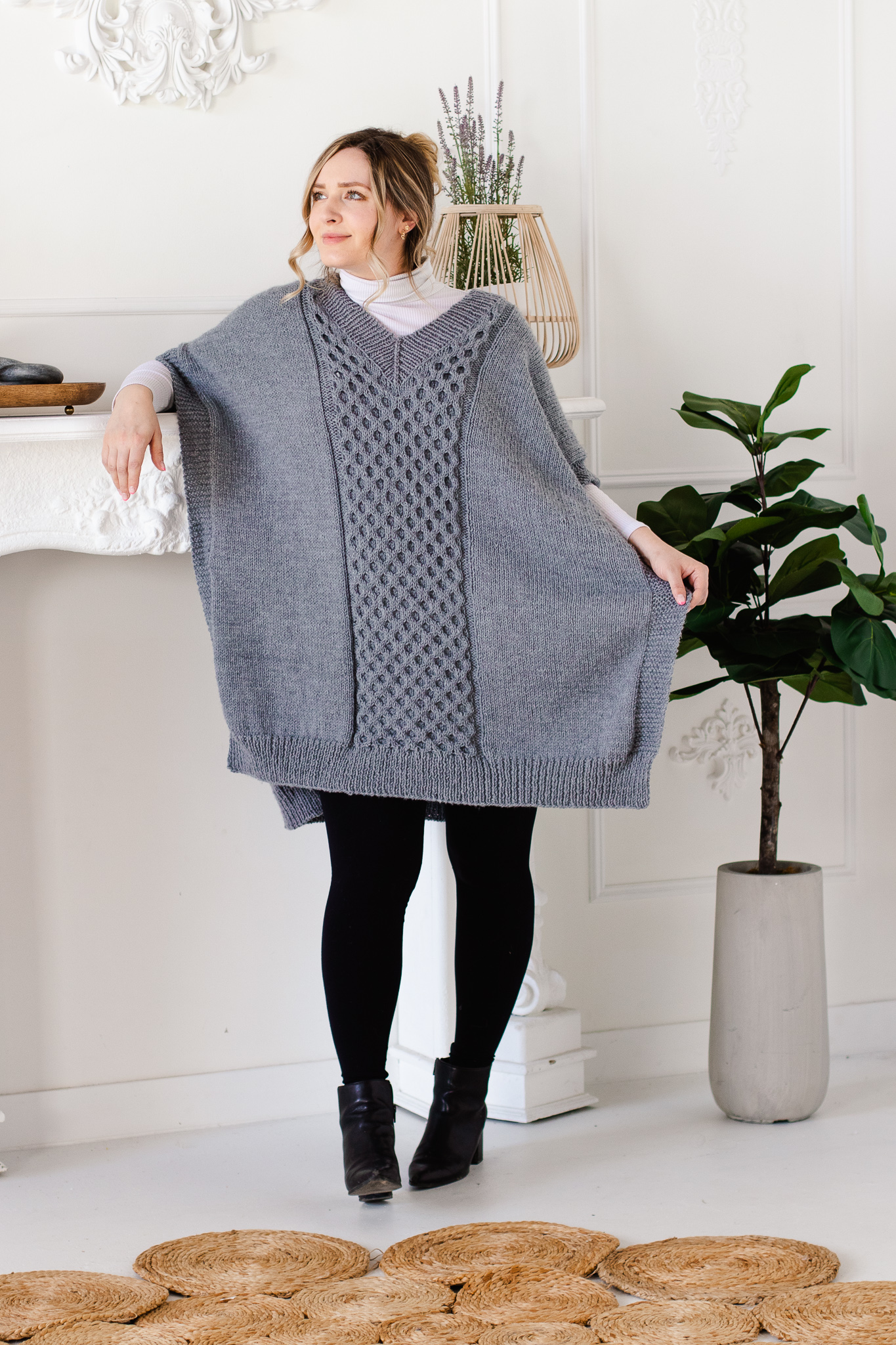 Quail Ridge Poncho – Knitting Pattern for V-Neck Poncho with Honeycomb ...